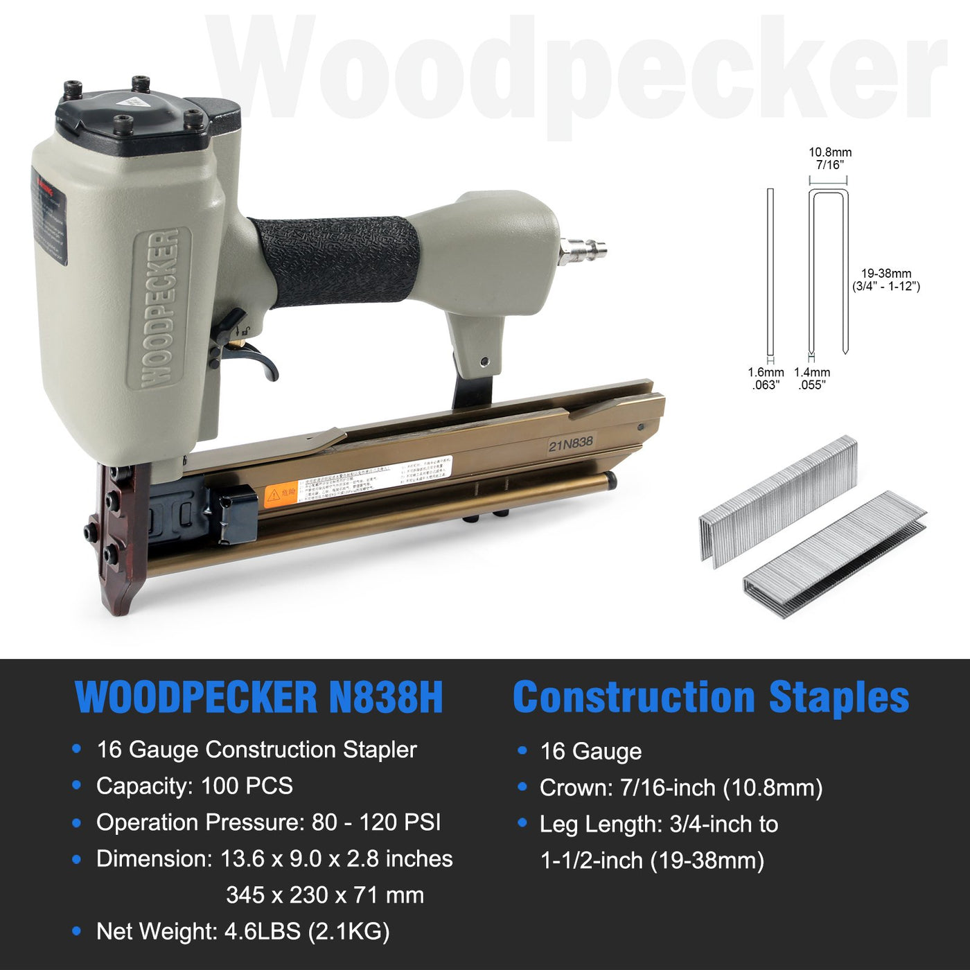 Woodpecker N838H Pneumatic Construction Stapler, 16 Gauge, 7/16-Inch C
